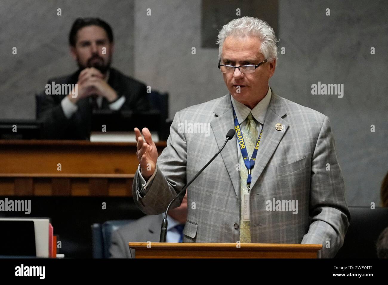 Sen. Eric Bassler speaks in favor of SB1 in the senate chamber at the ...