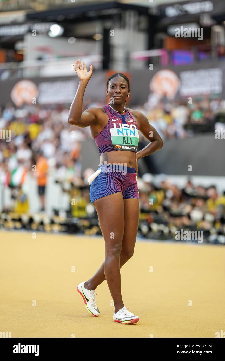 Nia ALI participating in the 100 meters hurdles at the World Athletics ...