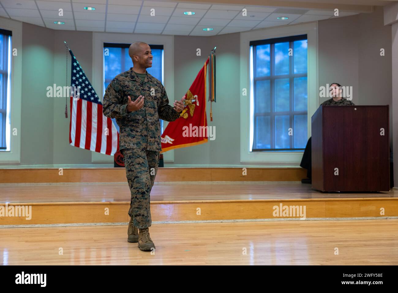 U.S. Marine Corps Sgt. Maj. Paris Mintz, left, incoming sergeant major ...