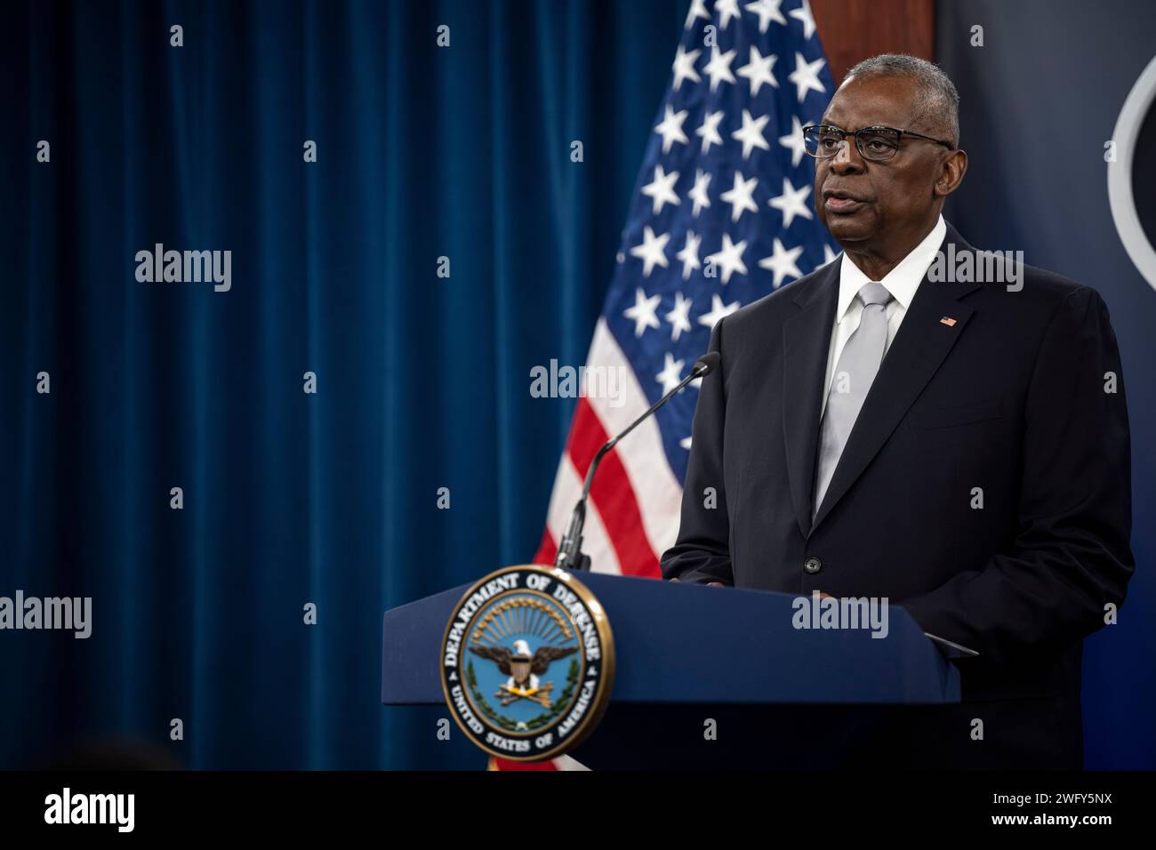 Secretary of Defense Lloyd J. Austin III conducts a press briefing at ...