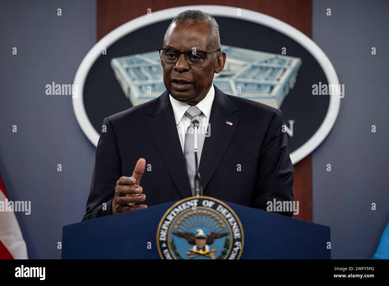 Secretary of Defense Lloyd J. Austin III conducts a press briefing at ...