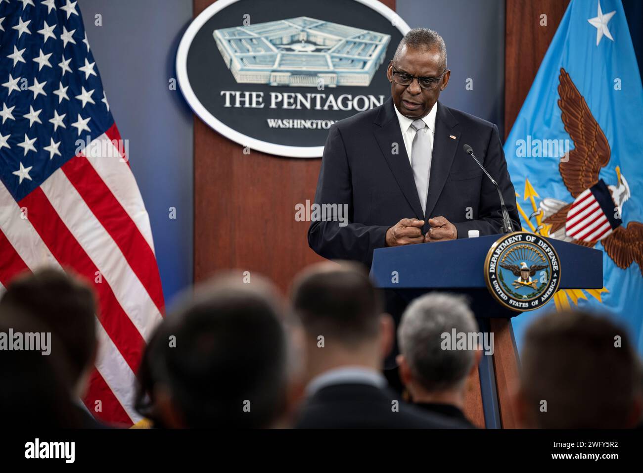 Secretary of Defense Lloyd J. Austin III conducts a press briefing at ...