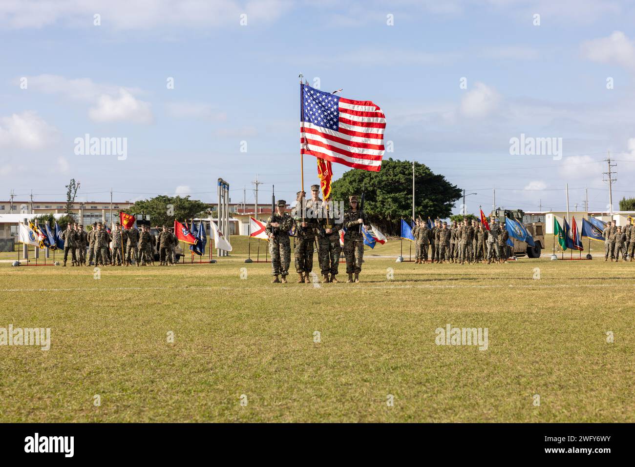 U.S. Marines with Marine Air Support Squadron (MASS) 2 stand in ...