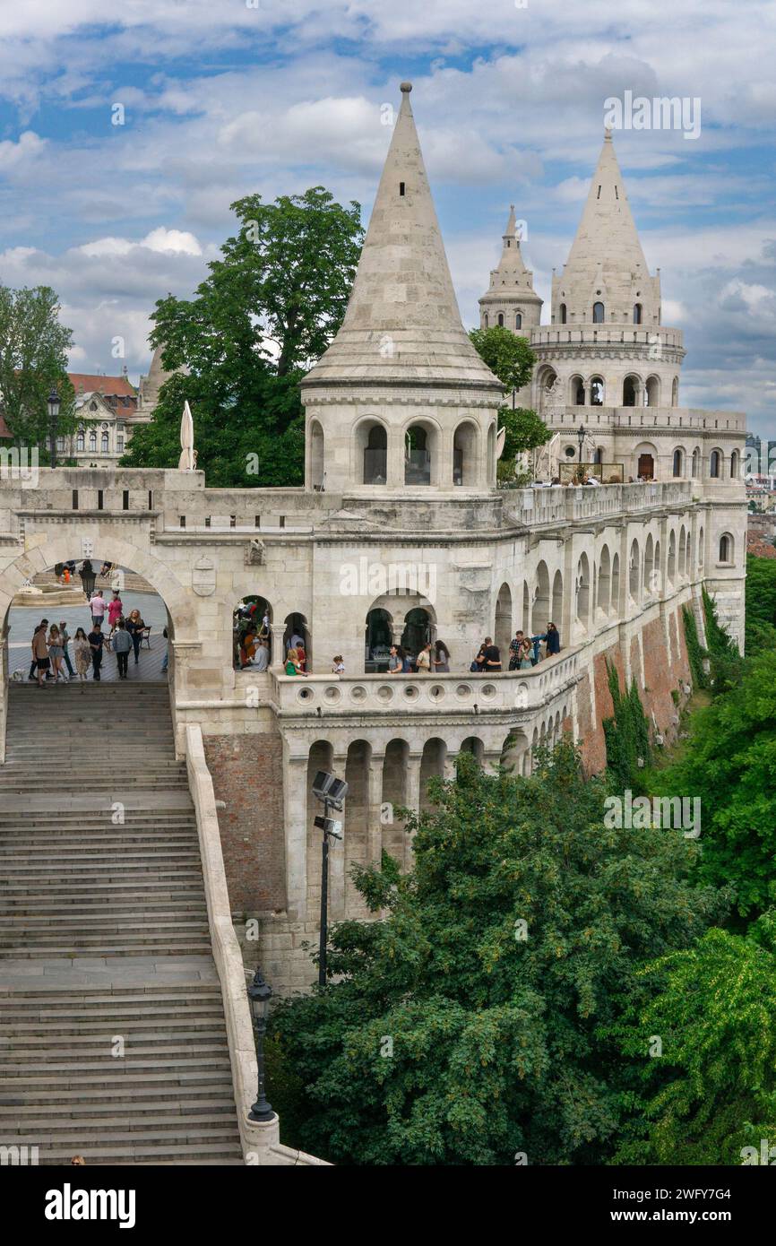 Budapest, HU – June 11, 2023 Vertical view Neo-Romanesque lookout ...