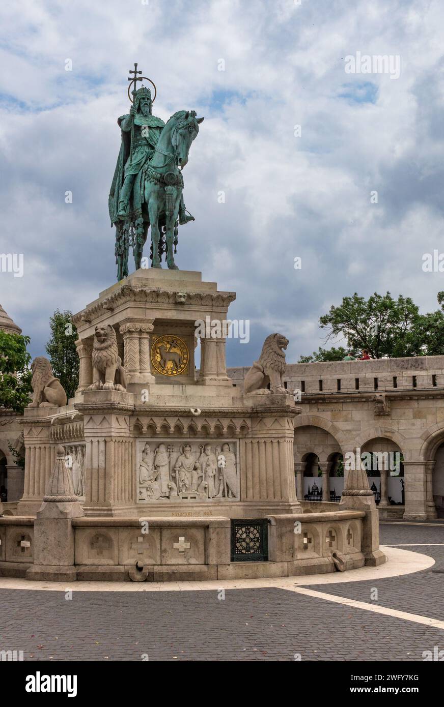 Budapest, HU – June 11, 2023 View of St. Stephen Statue. This bronze ...