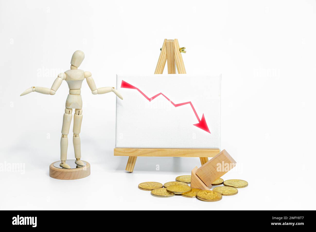 Mannequin drawing a graph charts on easel; isolated on white background ...