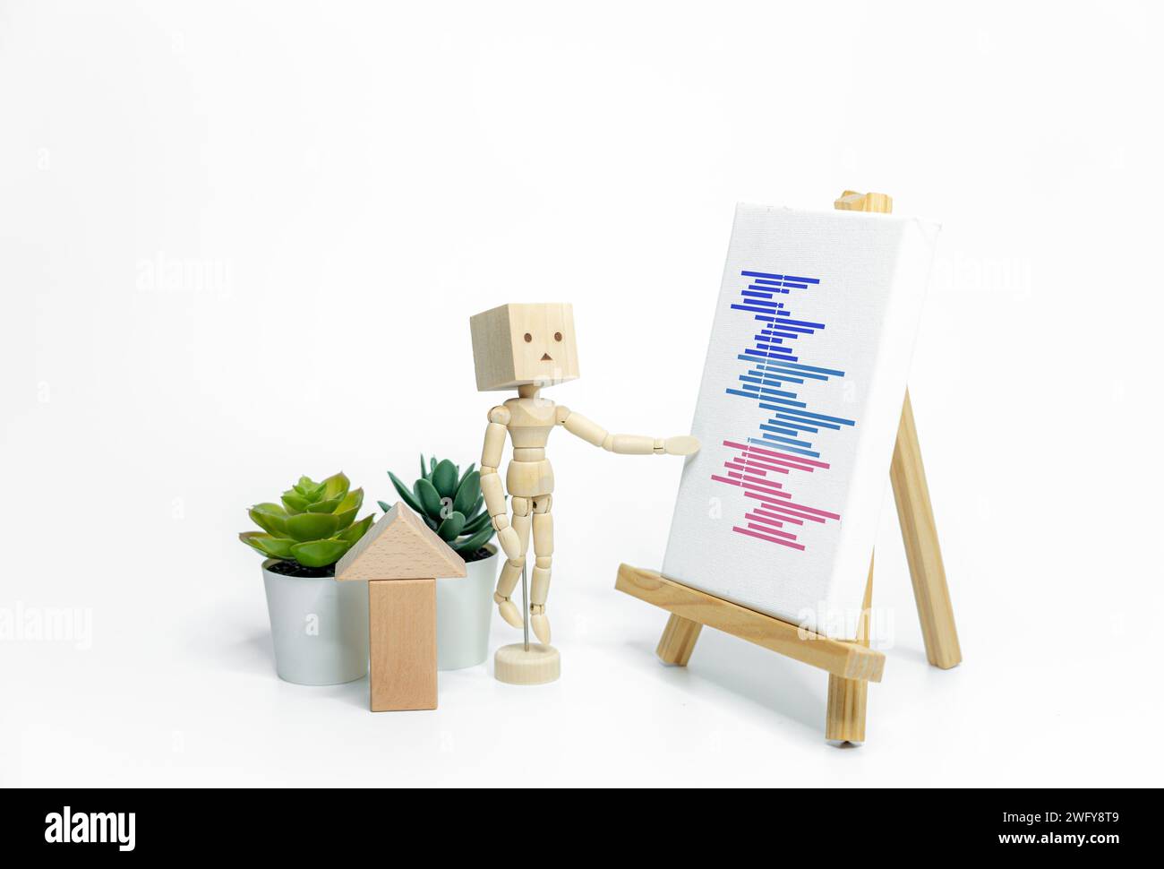 Mannequin drawing a graph charts on easel; isolated on white background ...