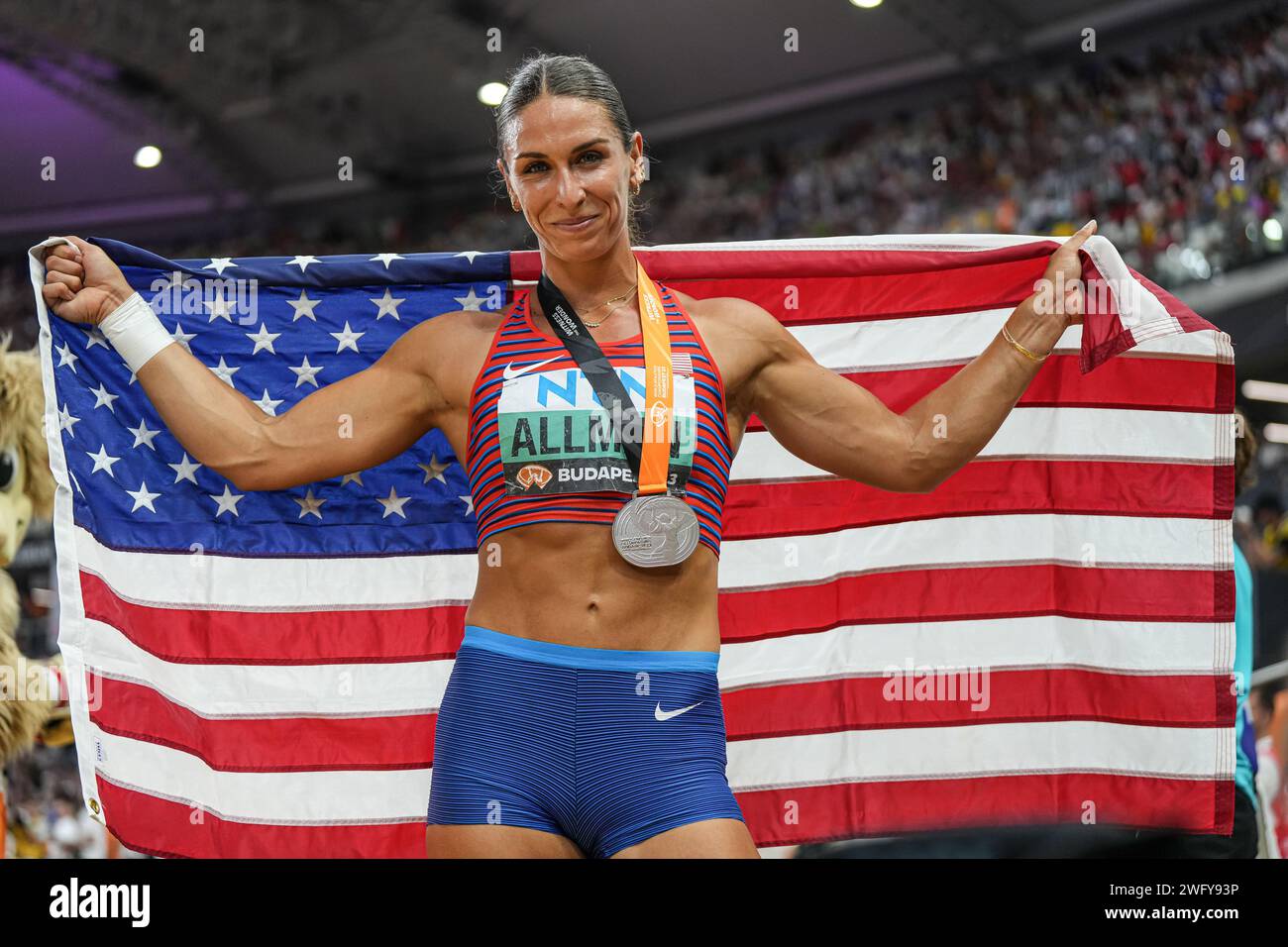 Valarie ALLMAN celebrating his medal with the flag in the Budapest 2023 ...