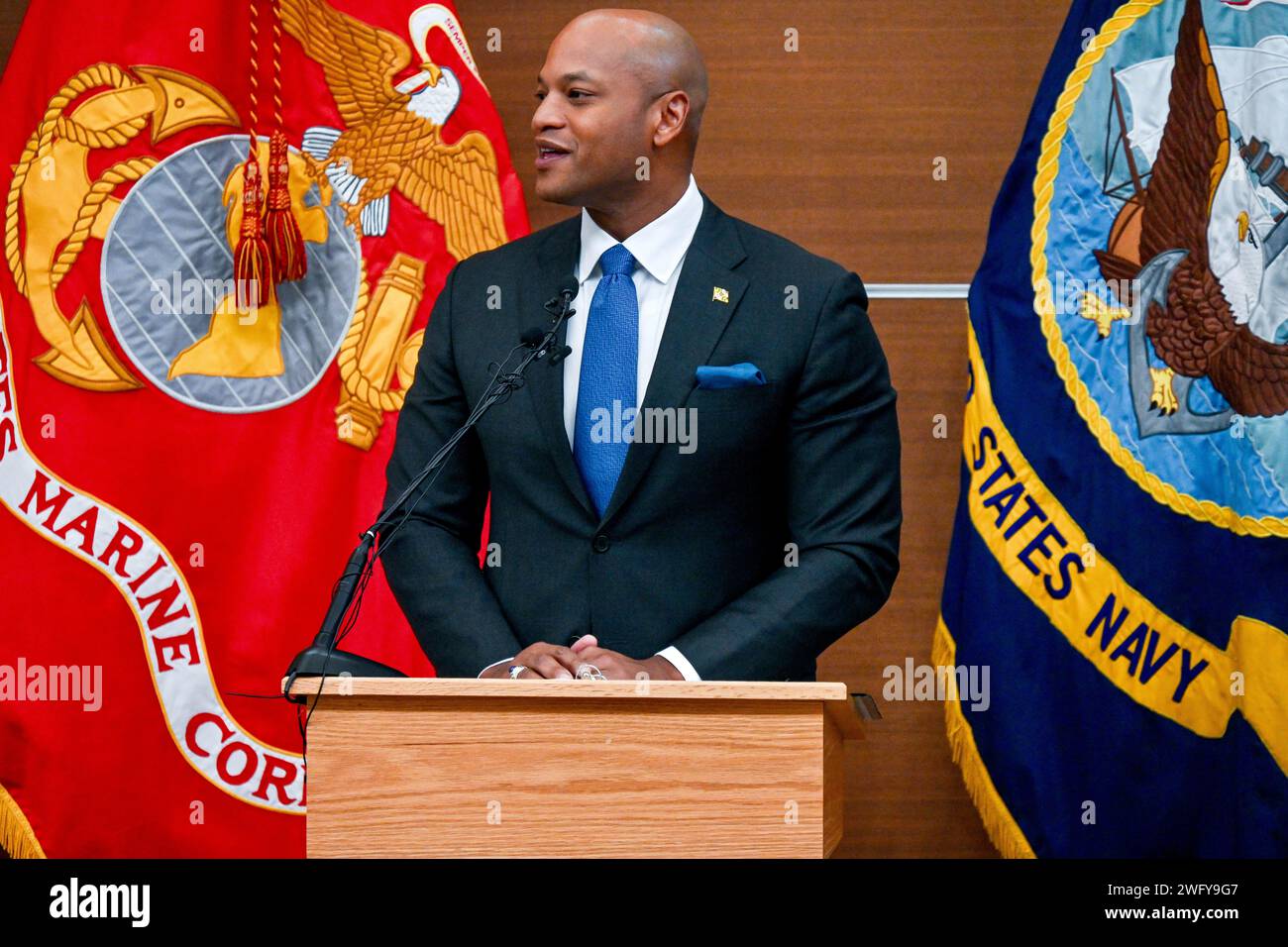 BETHESDA, Md (Jan. 8, 2024) – Maryland Governor Wes Moore speaks during ...