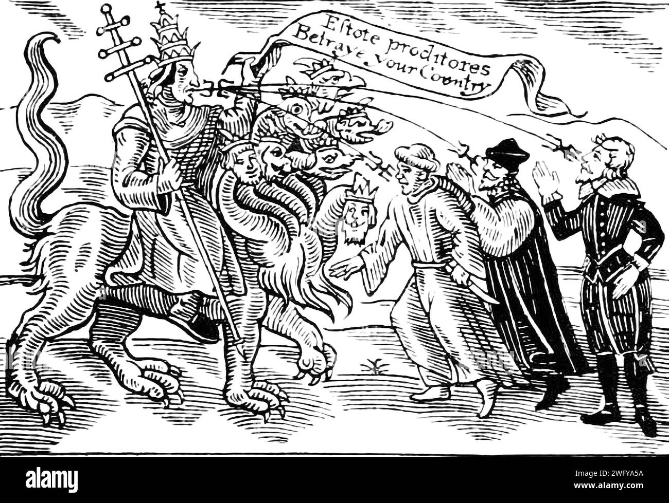Caricature of the Pope from 1643 riding a seven-headed monster and ...