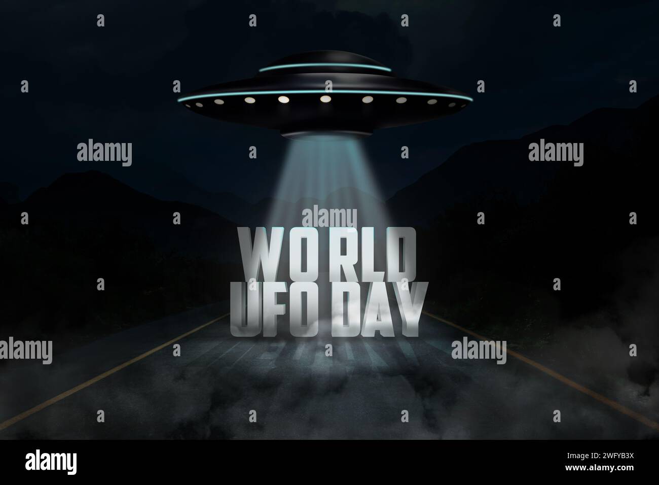 World UFO Day. Alien spaceship emitting light beam with words over ...