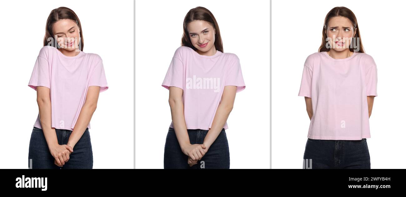 Embarrassed woman on white background, set with photos Stock Photo - Alamy