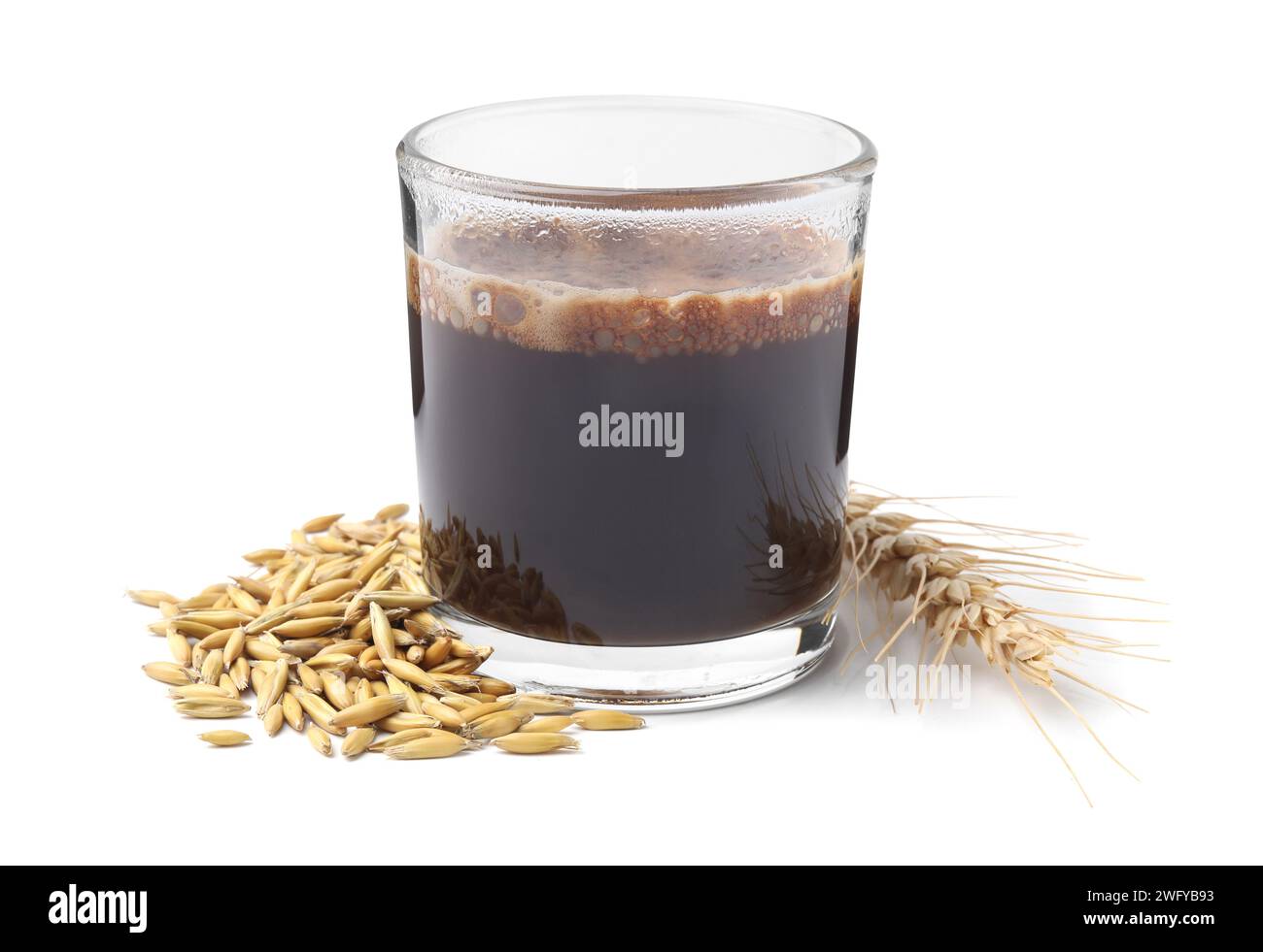 Cup of barley coffee, grains and spike isolated on white Stock Photo ...