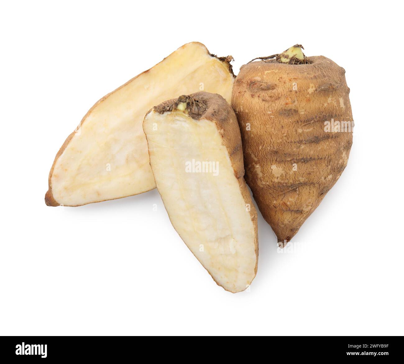 Whole and cut tubers of turnip rooted chervil isolated on white, top ...