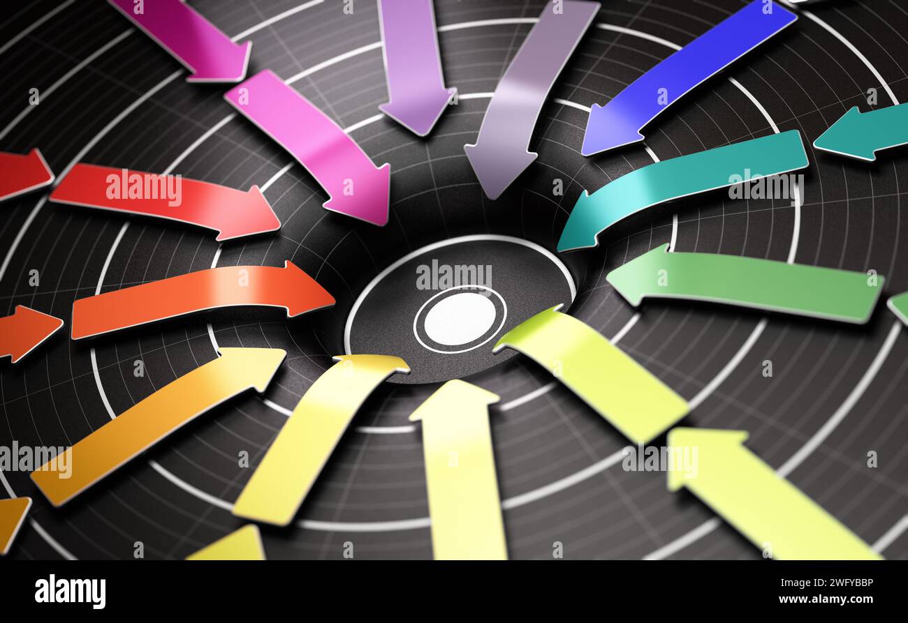 Convergence, multichannel marketing strategy. Many arrows converging to ...