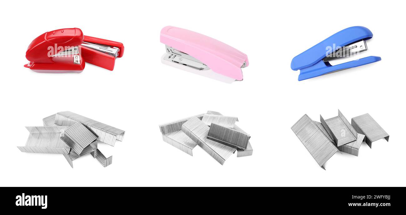 Different colorful staplers and fasteners isolated on white, collection ...