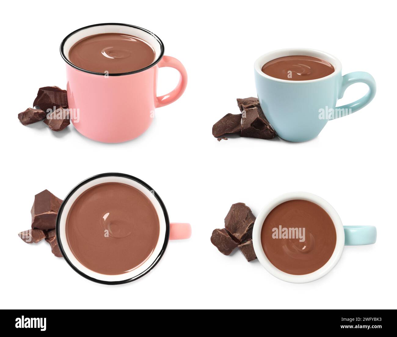 Delicious hot chocolate in cups isolated on white, top and side views ...