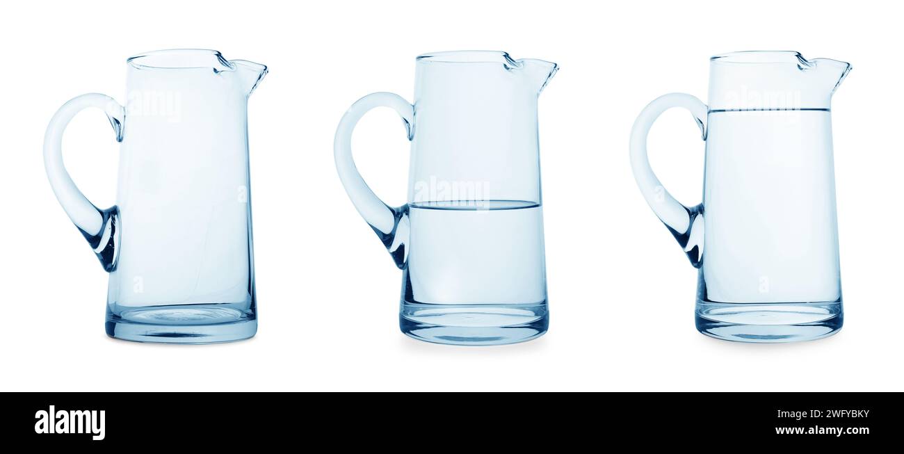 Glass jug isolated on white, collage with empty, semi filled and full ...