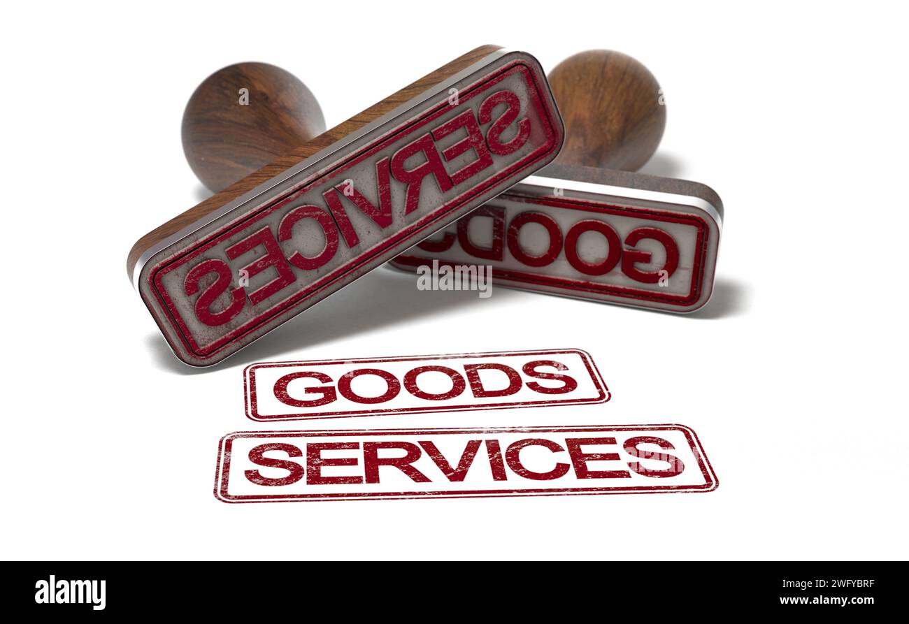 Rubber stamps with the words goods and services over white background ...