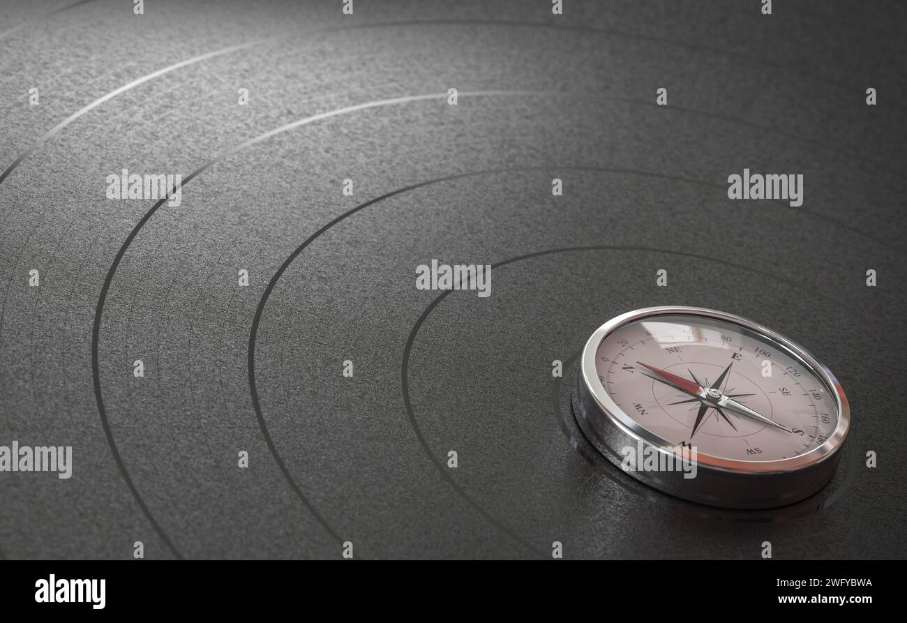 Magnetic compass pointing north over black background. Navigation ...