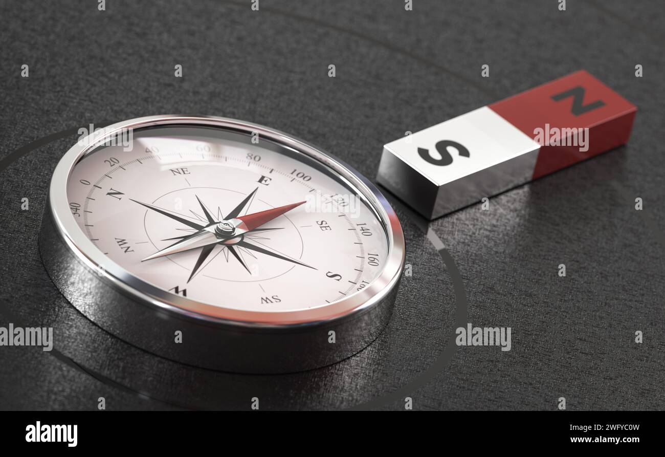 3d Illustration Of Magnetic Field Compass With Needle Pointing South Pole Of A Magnet Stock