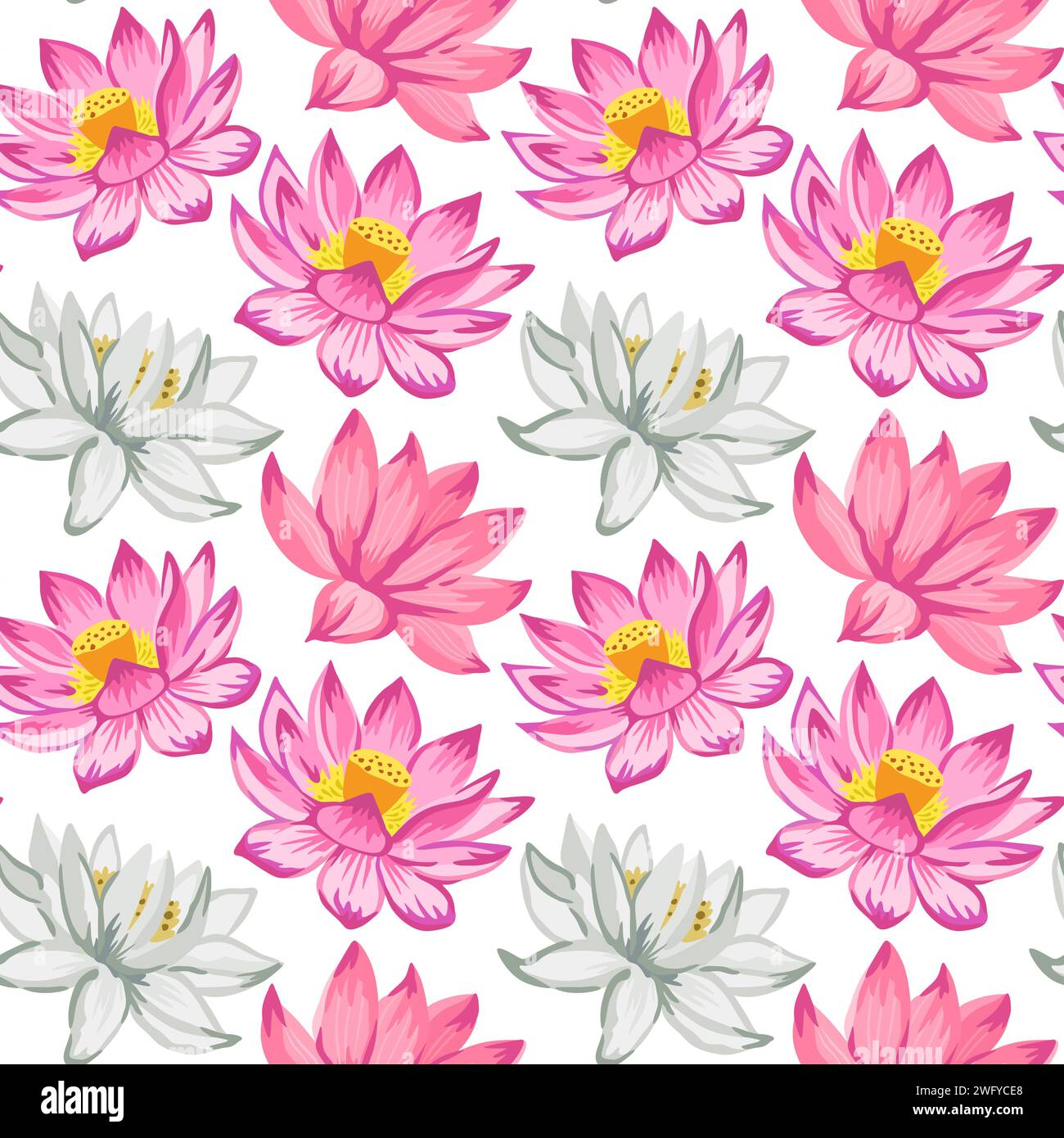 Seamless pattern with pink lotus flowers. Detailed realistic vector ...