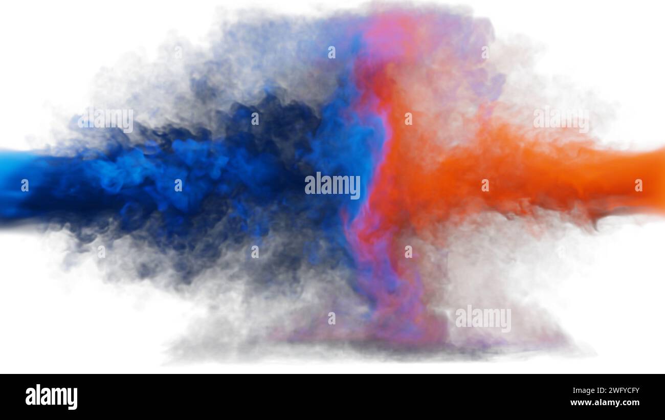 Puffs of blue and red smoke collide against a white background. 3d ...