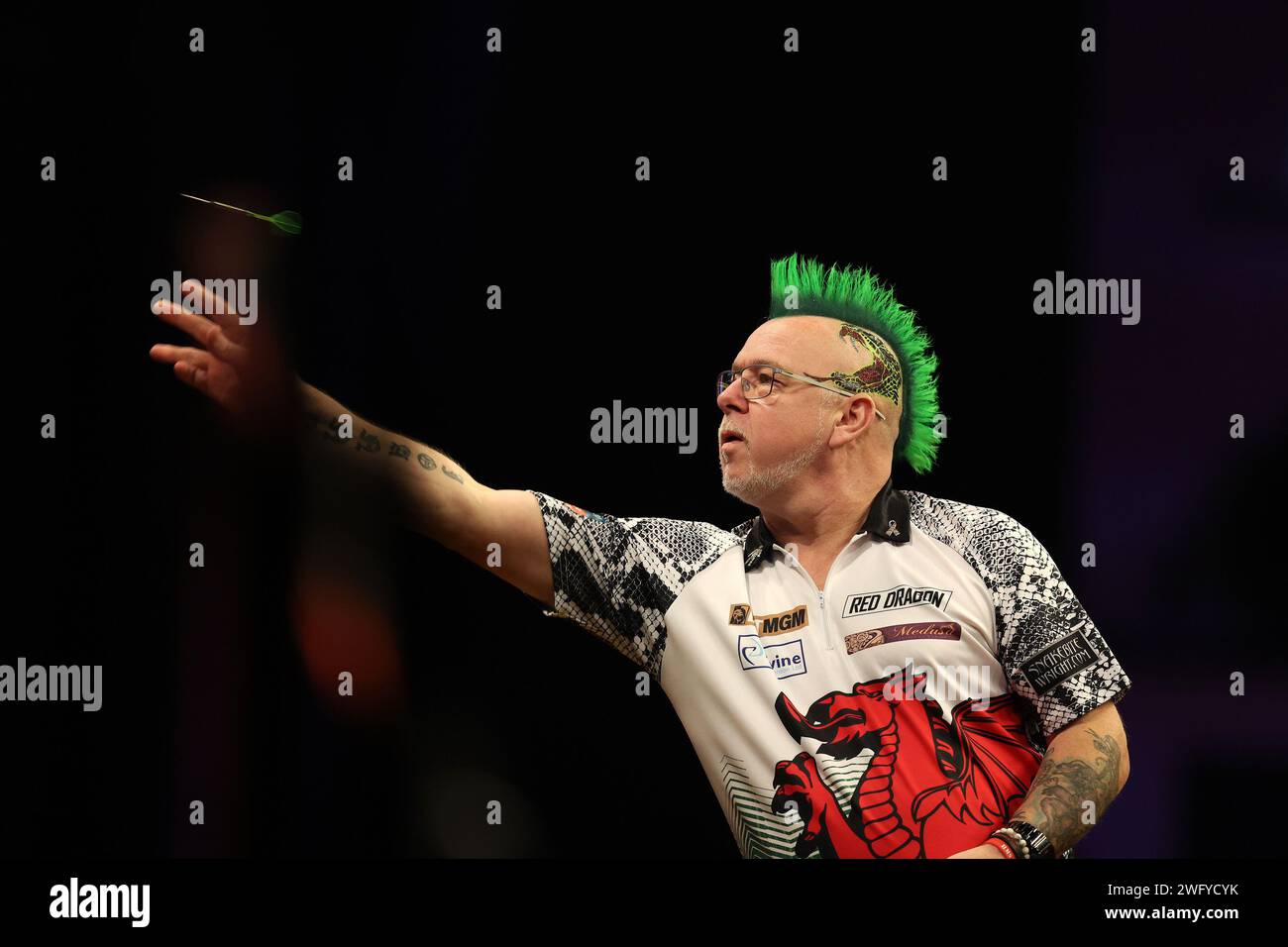Peter Wright of Scotland. The 2024 BetMGM Premier League darts, night ...