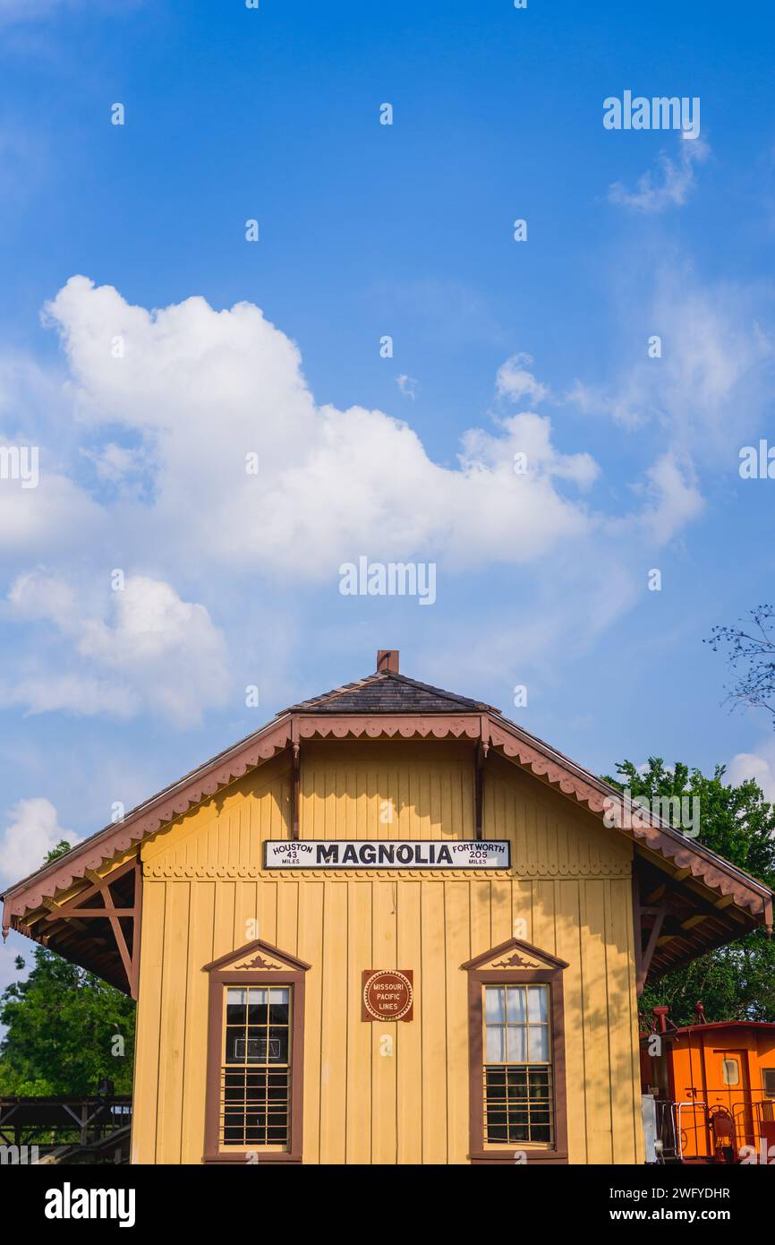 The restored Magnolia Train Depot stands under a pristine blue sky ...