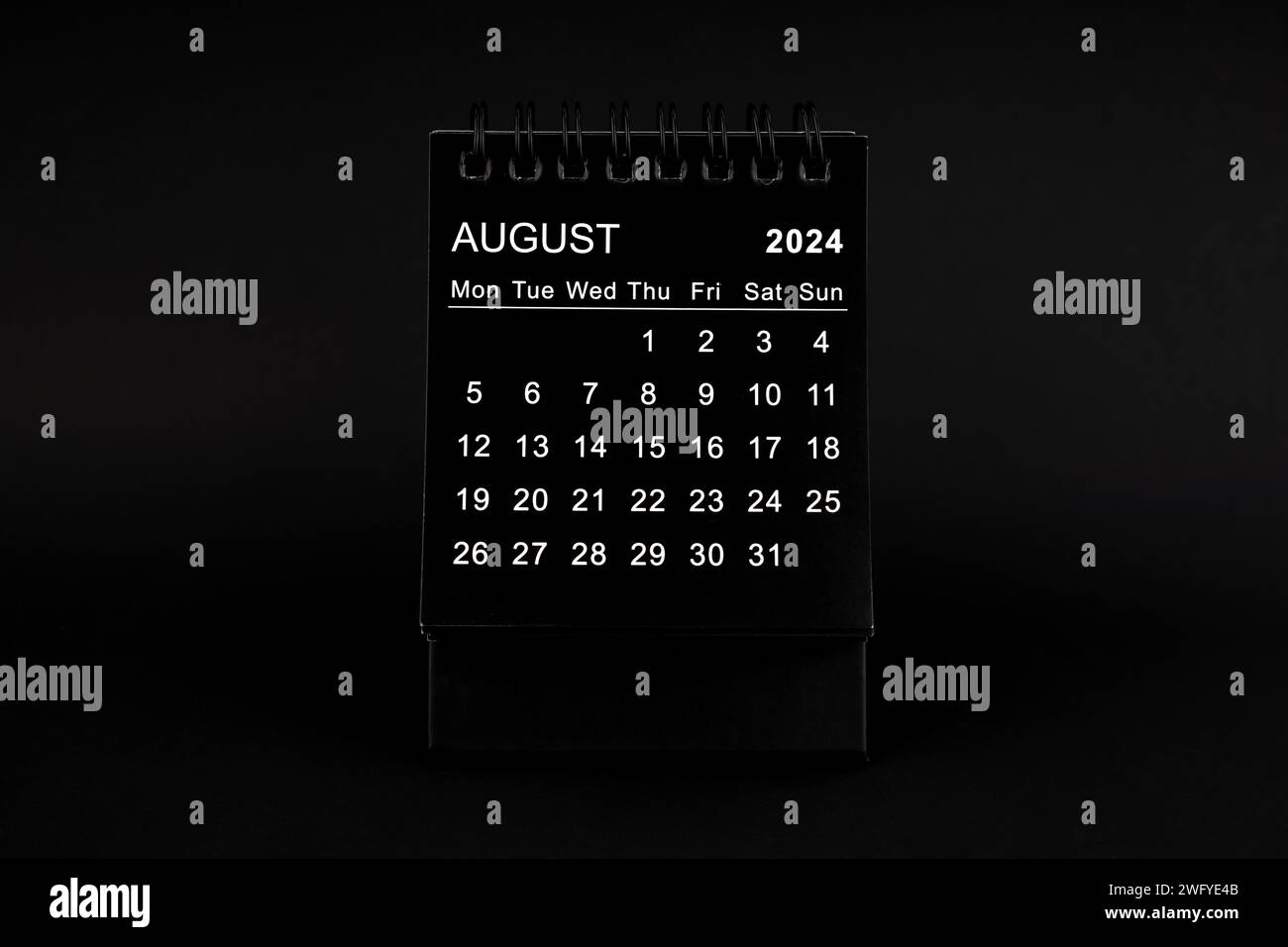 Black Calendar for August 2024. Desktop calendar on a black color ...