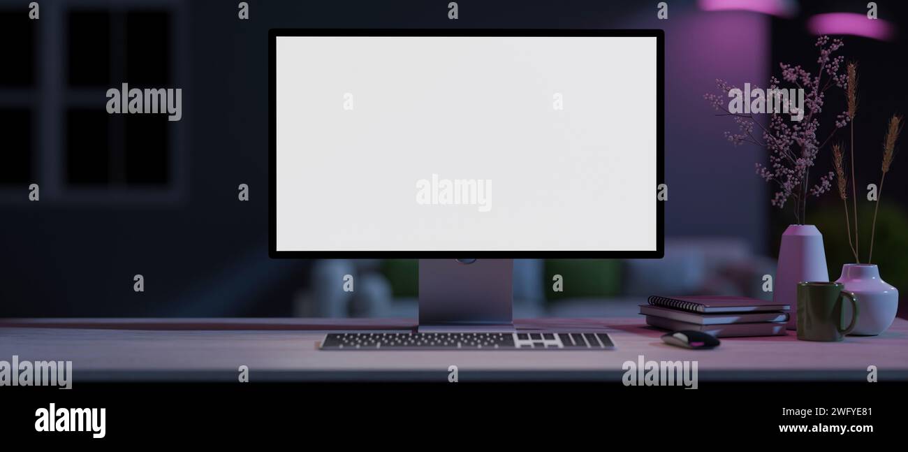 A modern home office with a white-screen computer mockup and ...