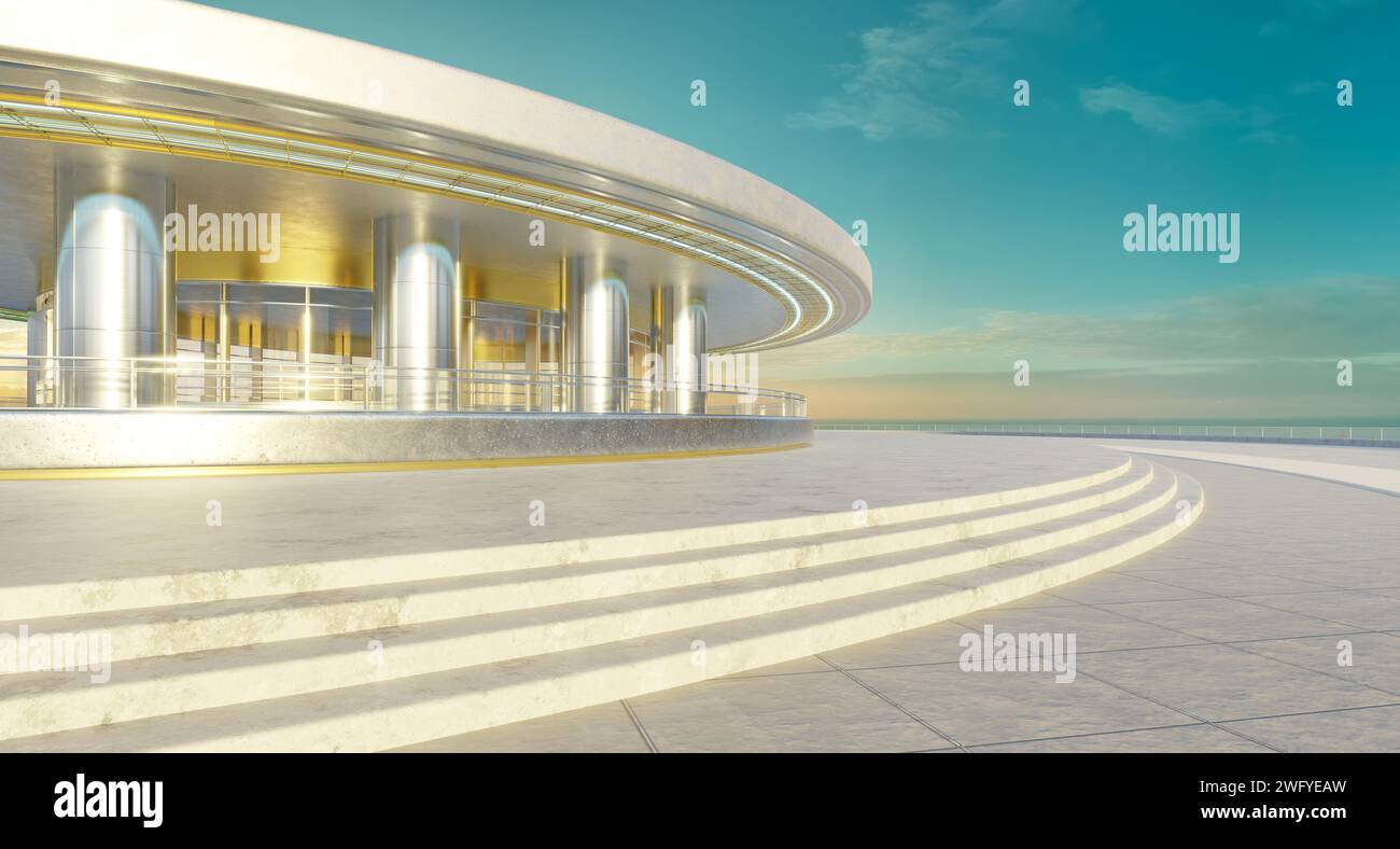 Modern art curved building exterior with brick floor and stair. 3D ...