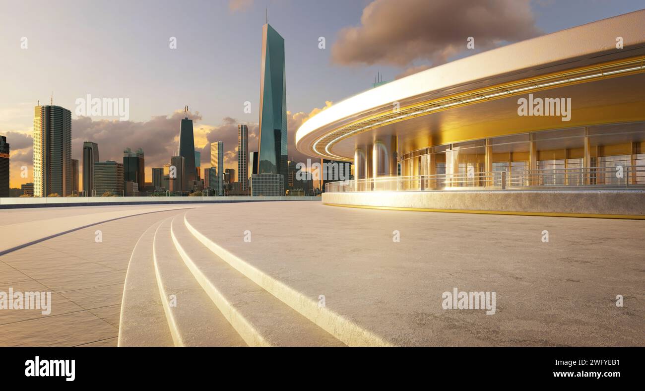 Modern art curved building exterior with brick floor and stair. 3D ...