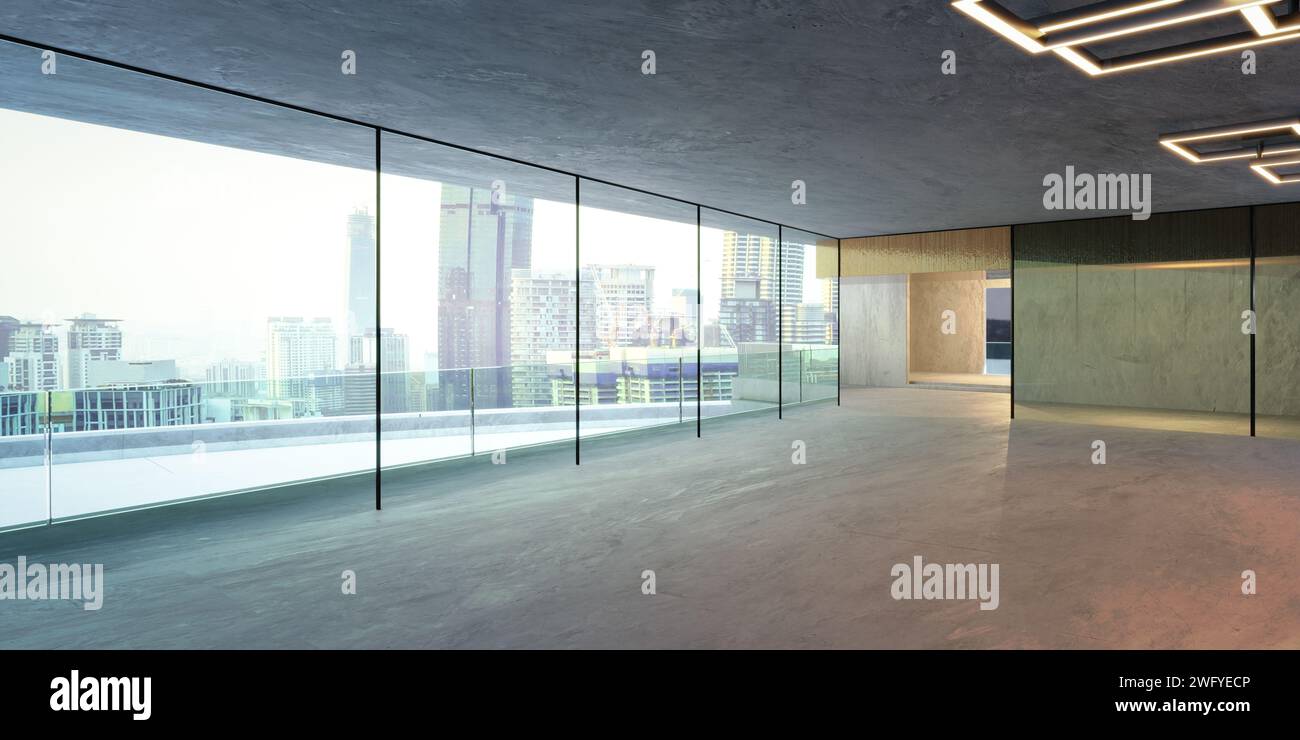 Cityscape view in empty office with columns glass window. 3D rendering ...