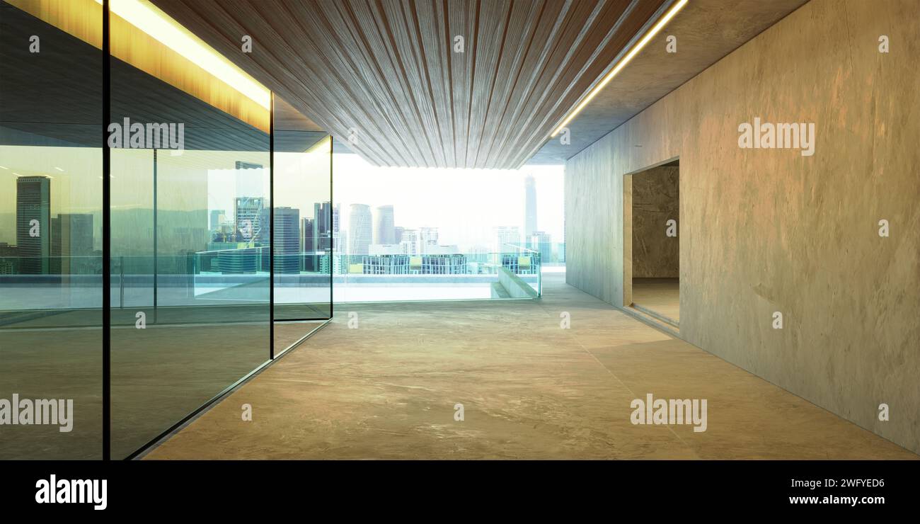 Cityscape view in office corridor with columns glass window. 3D ...