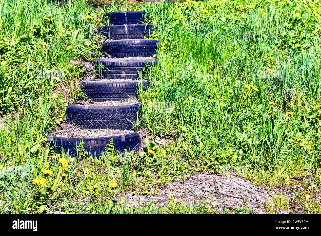 Steps in the garden from old car tires in green grass Stock Photo - Alamy