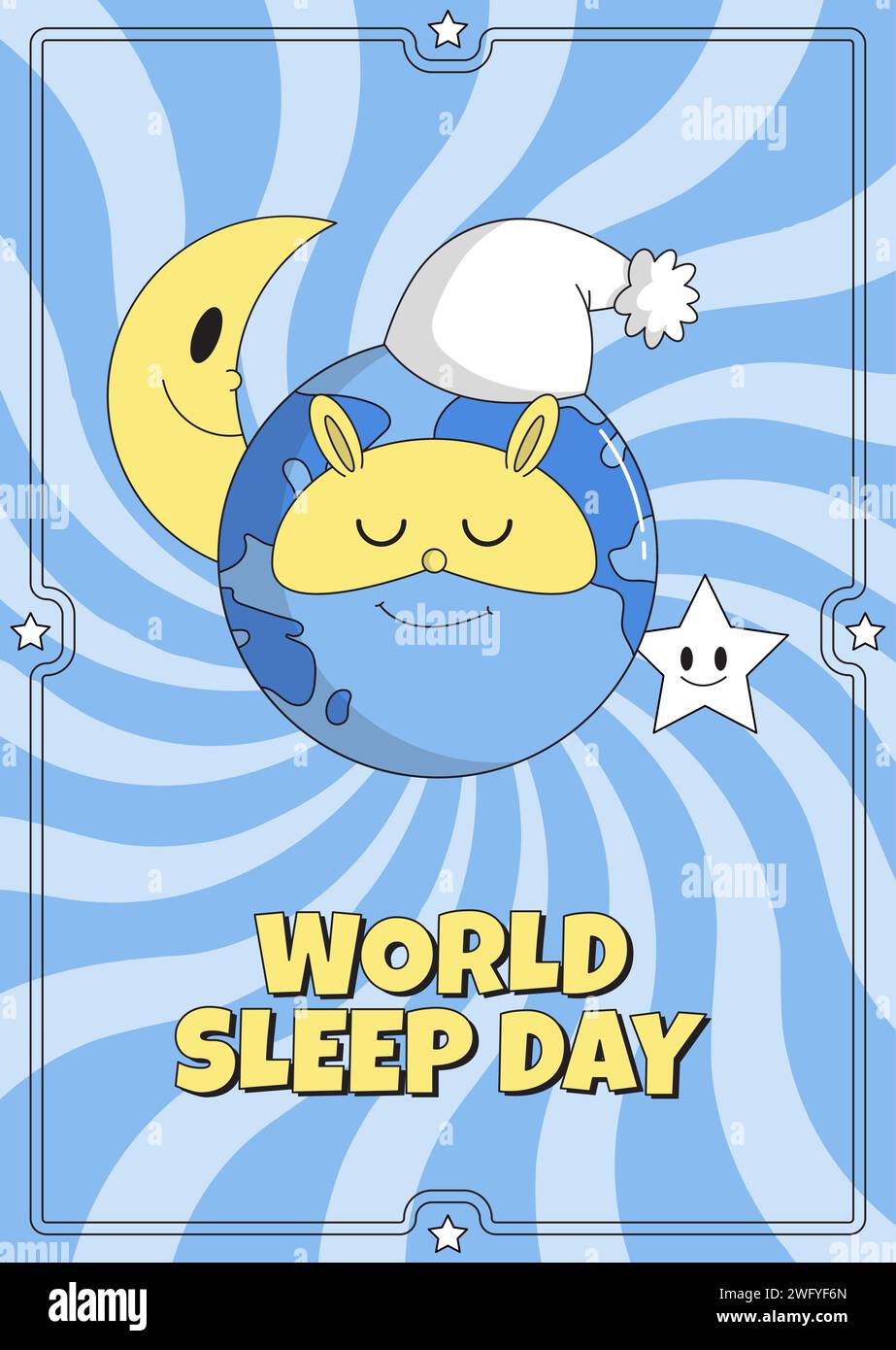 World Sleep Day poster. Sleeping character planet Earth in a cap and ...