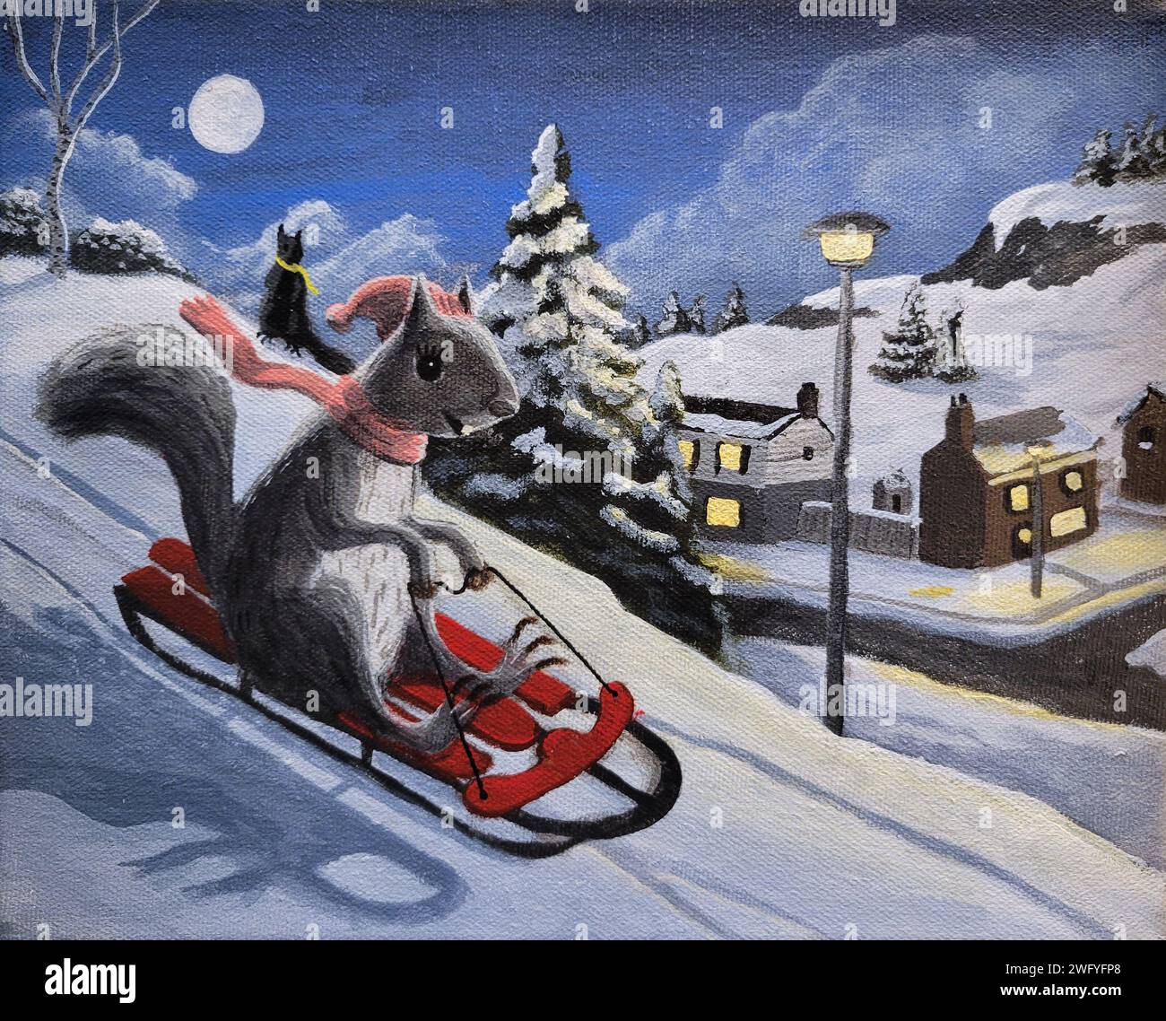 A happy squirrel sleds down a hill on a moonlit winter night Stock ...