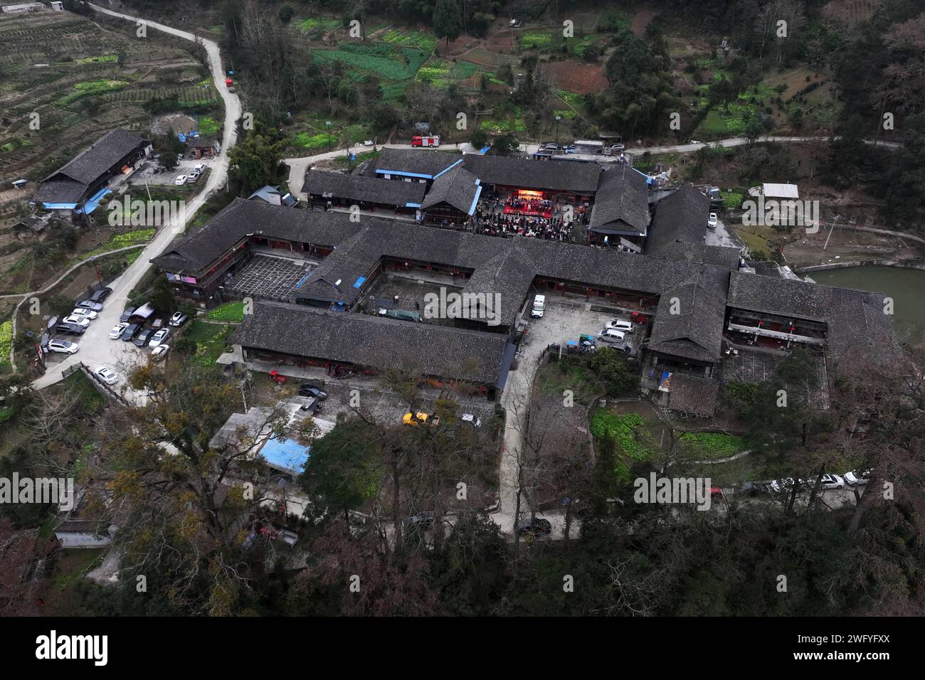 Villagers are performing an evening show at Gufeng Village in Chongqing ...