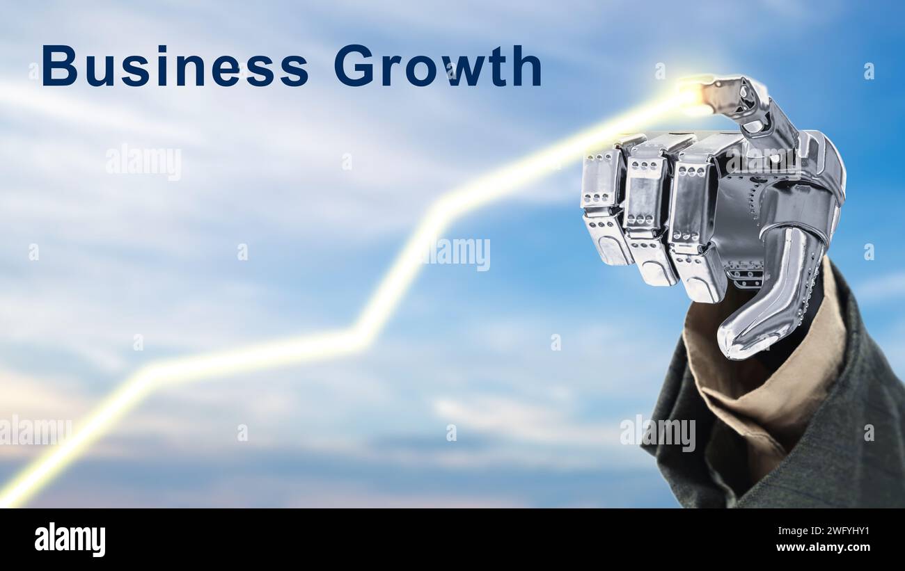 Robotic hand showing an increasing graph with business growth text ...