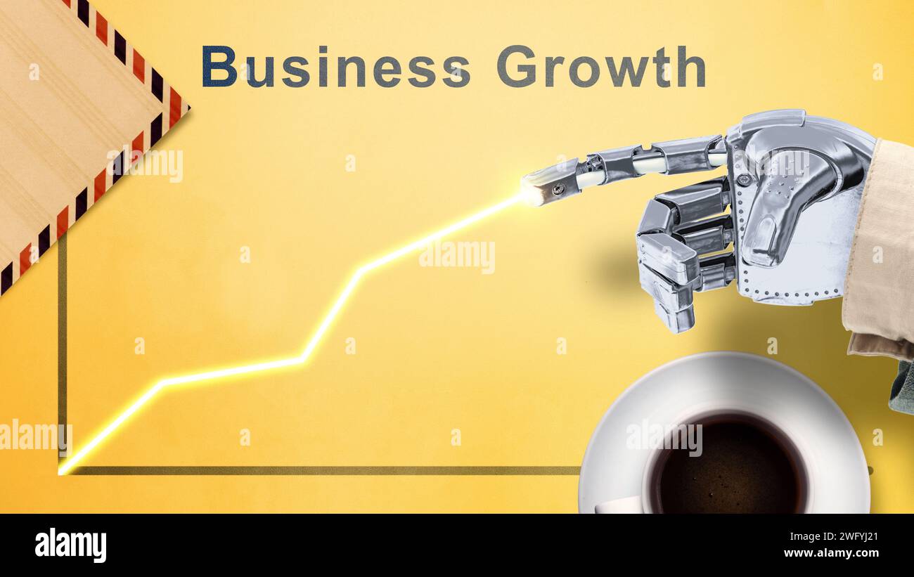 Robotic hand showing an increasing graph with business growth text ...