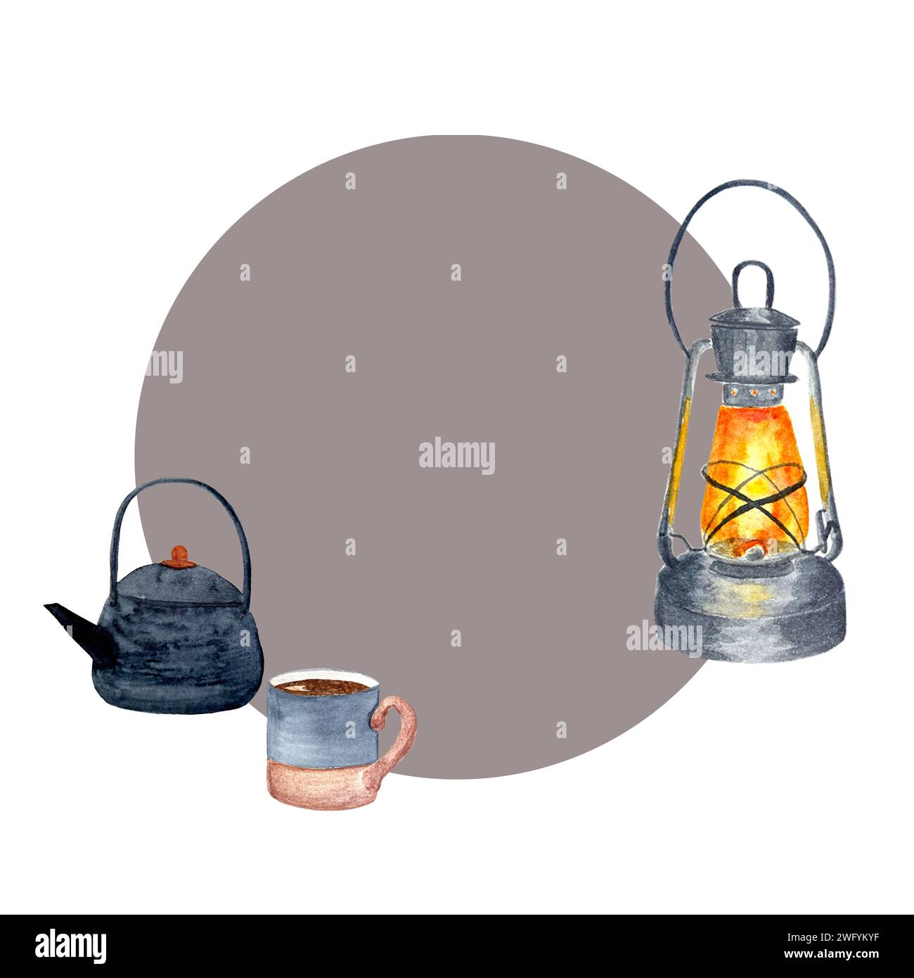 Watercolor camping kettle lantern mug round pinkish grey frame isolated ...
