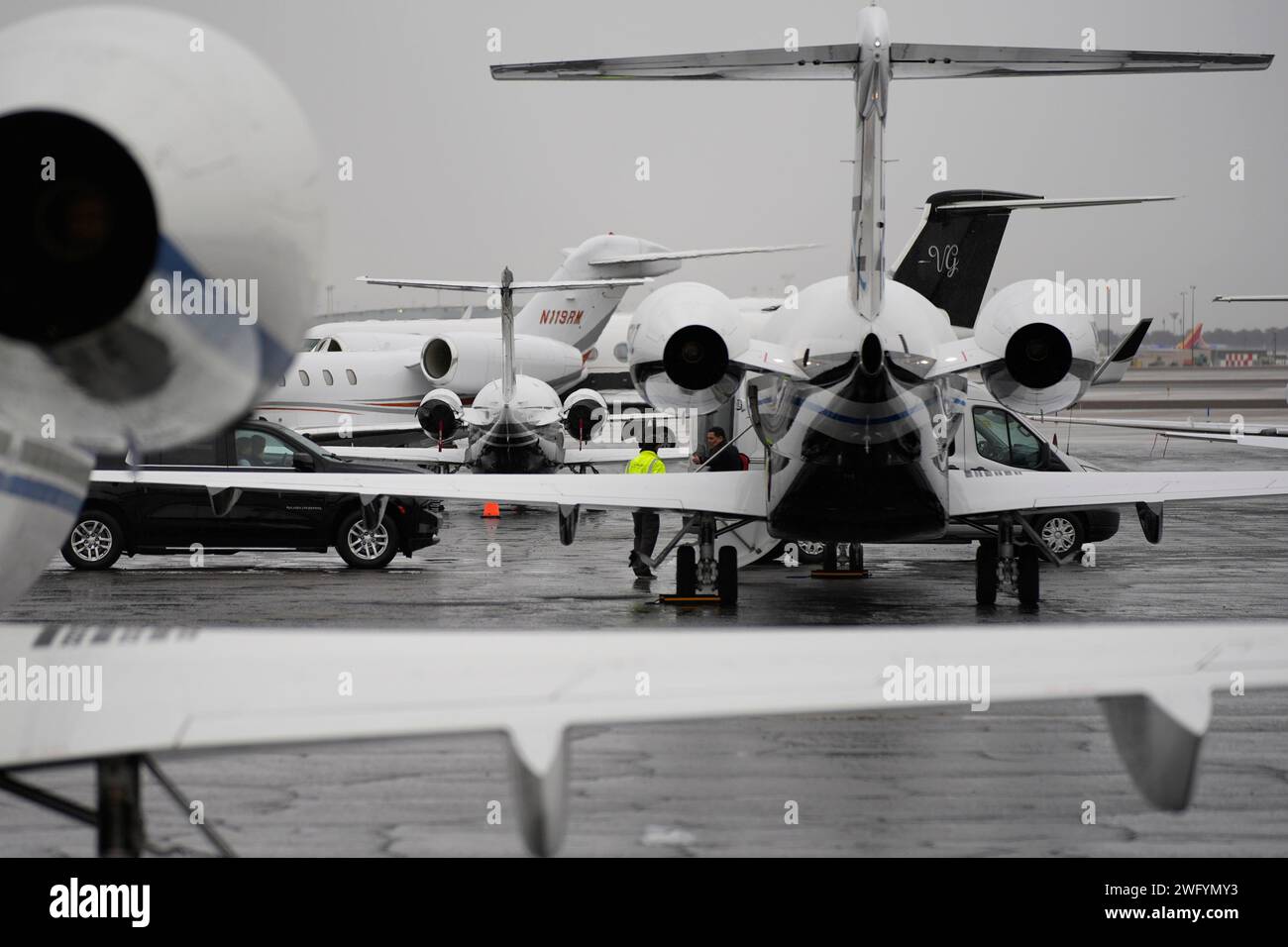 Planes are parked at a private jet terminal at Harry Reid International ...