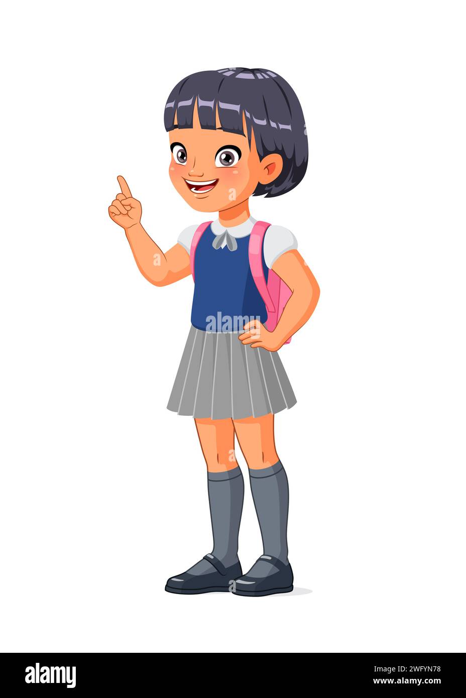 Smart little Asian school girl index finger pointing up with idea ...