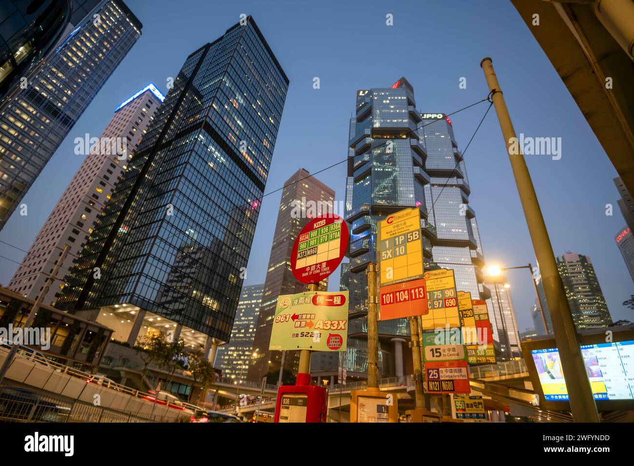 Bus stop signs, Central financial district, Hong Kong, China Stock ...