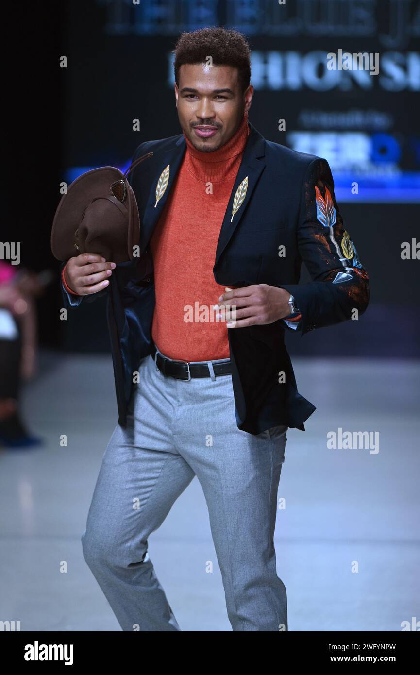 New York, USA. 01st Feb, 2024. Brian Ceballo walks the runways during ...