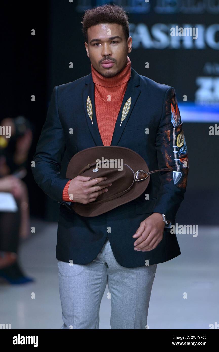 New York, USA. 01st Feb, 2024. Brian Ceballo walks the runways during ...