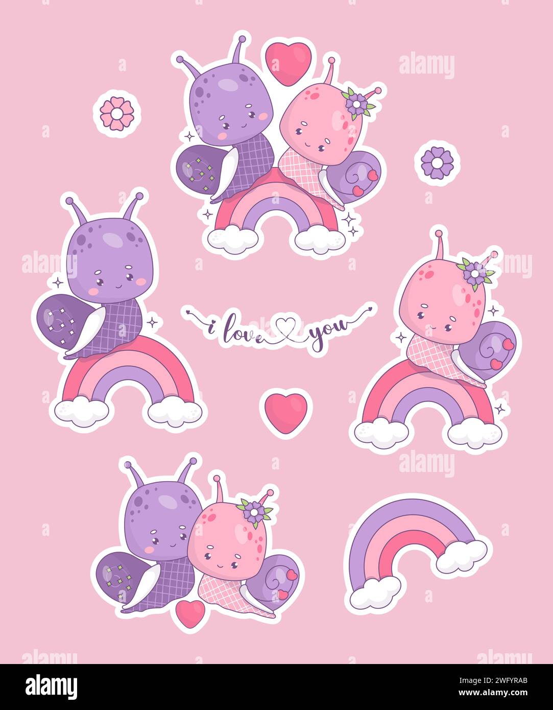 Sticker collection enamored romance couple snail. Cute kawaii ...