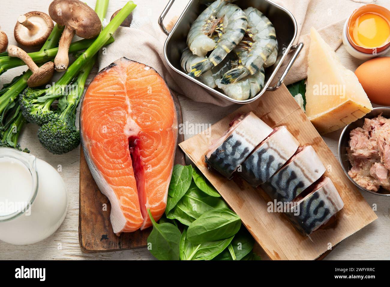 Healthy Foods Containing Vitamin D Natural Sources Of Vitamin D On A White Background Top View