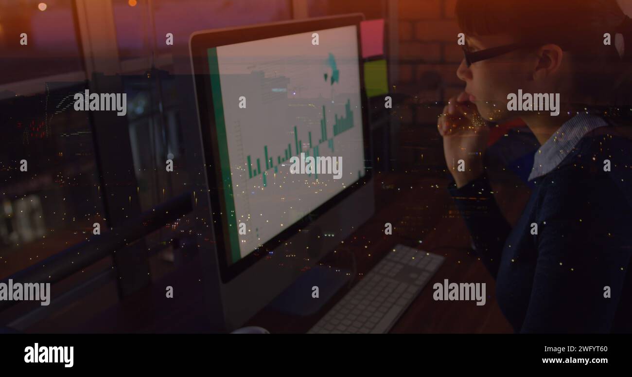 Image of caucasian businesswoman using computer over cityscape Stock ...